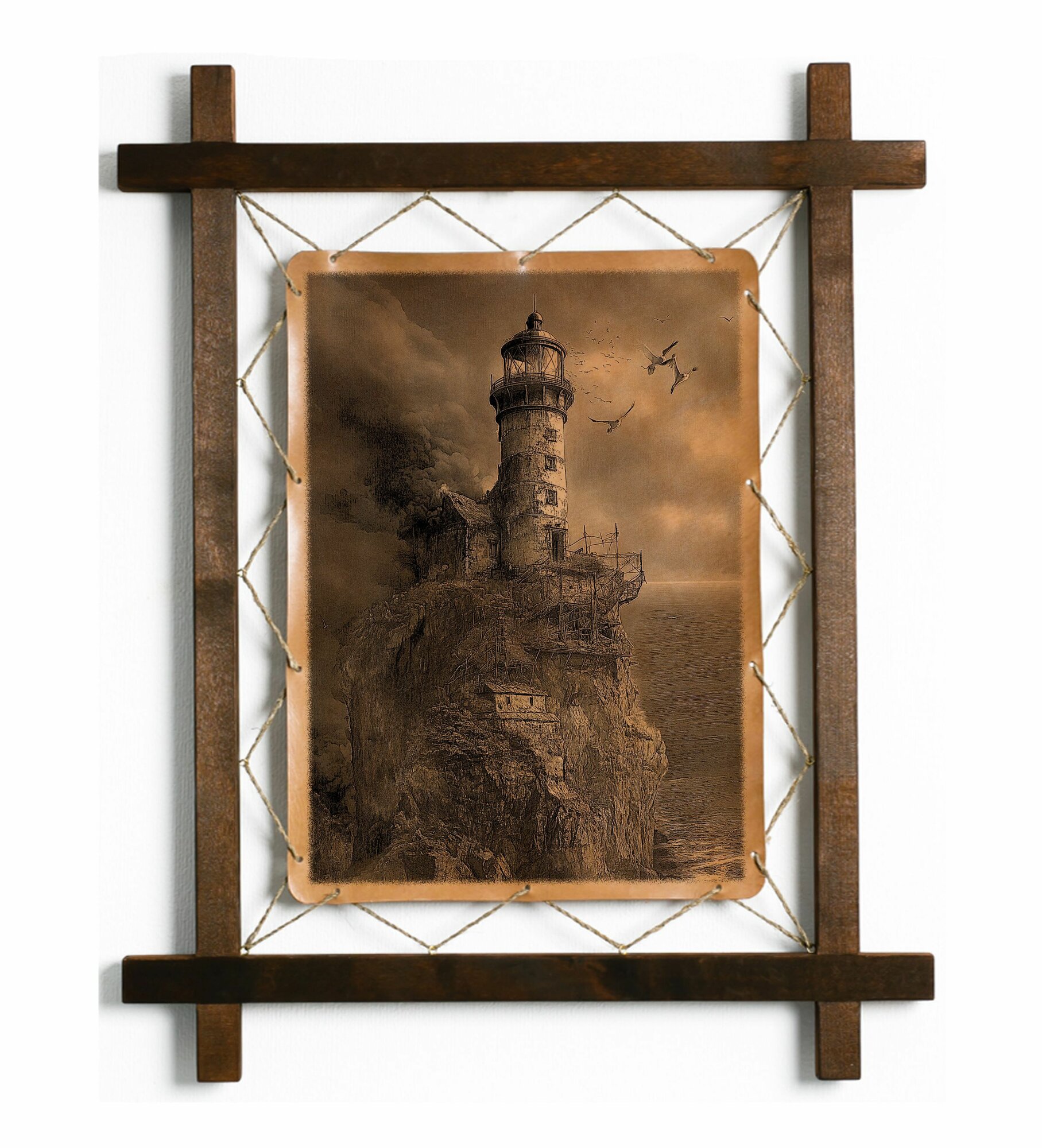 Интерьерная картина из натуральной кожи "Разрушенный маяк", декоративное настенное панно в деревянной раме, BoomGift