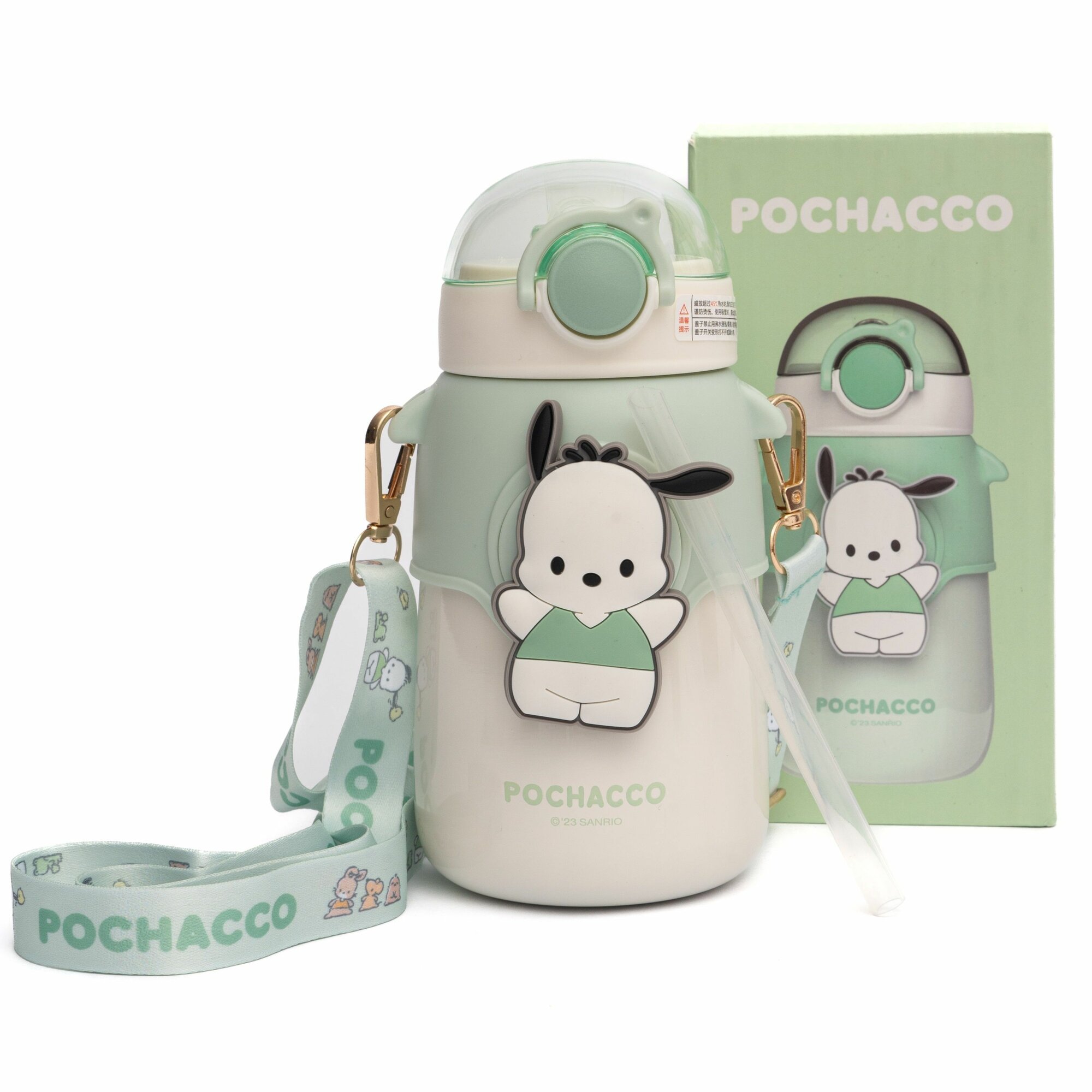 Бутылка для воды / термос Hello Kitty Pochacco, Vivacat, 570 мл, с ремешком и трубочкой, зеленый