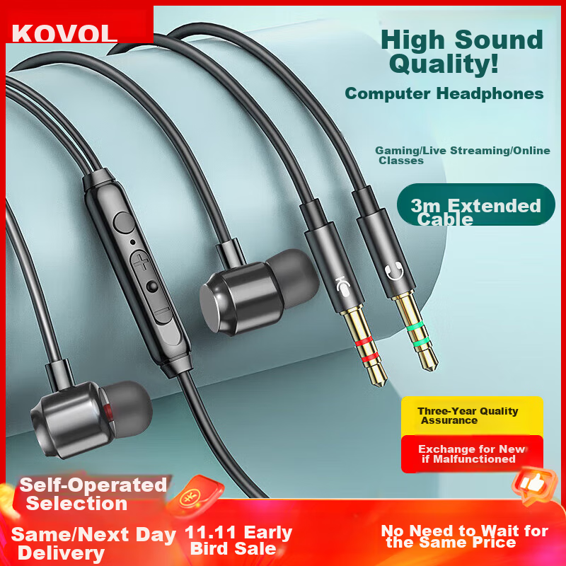 KOVOL [Upgraded 3-Meter Long Cable] Wired In-Ear Computer Headphones with Microphone, Dual-Port Plug for Desktop And Laptop, Two-In Voice And Gaming Headset for Live Streaming