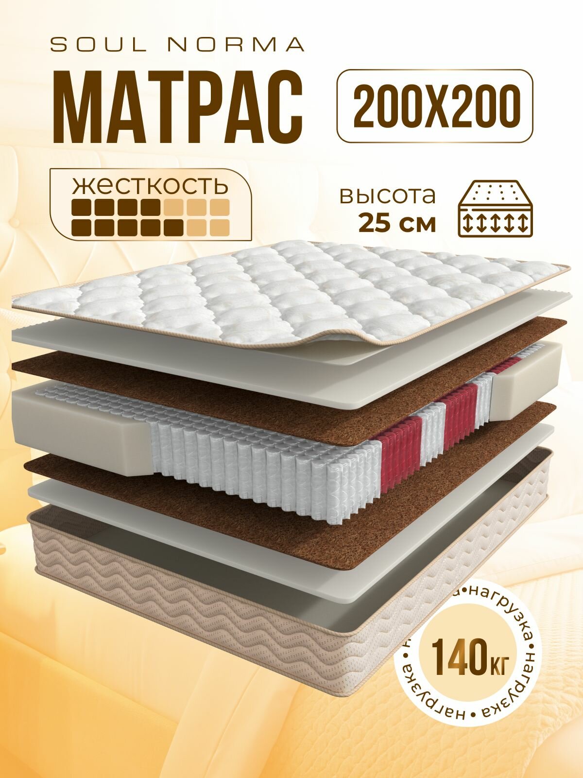 Матрас ортопедический пружинный 200х200 см SOUL Norma, независимые пружины, высота 25 см, 1 шт, белый