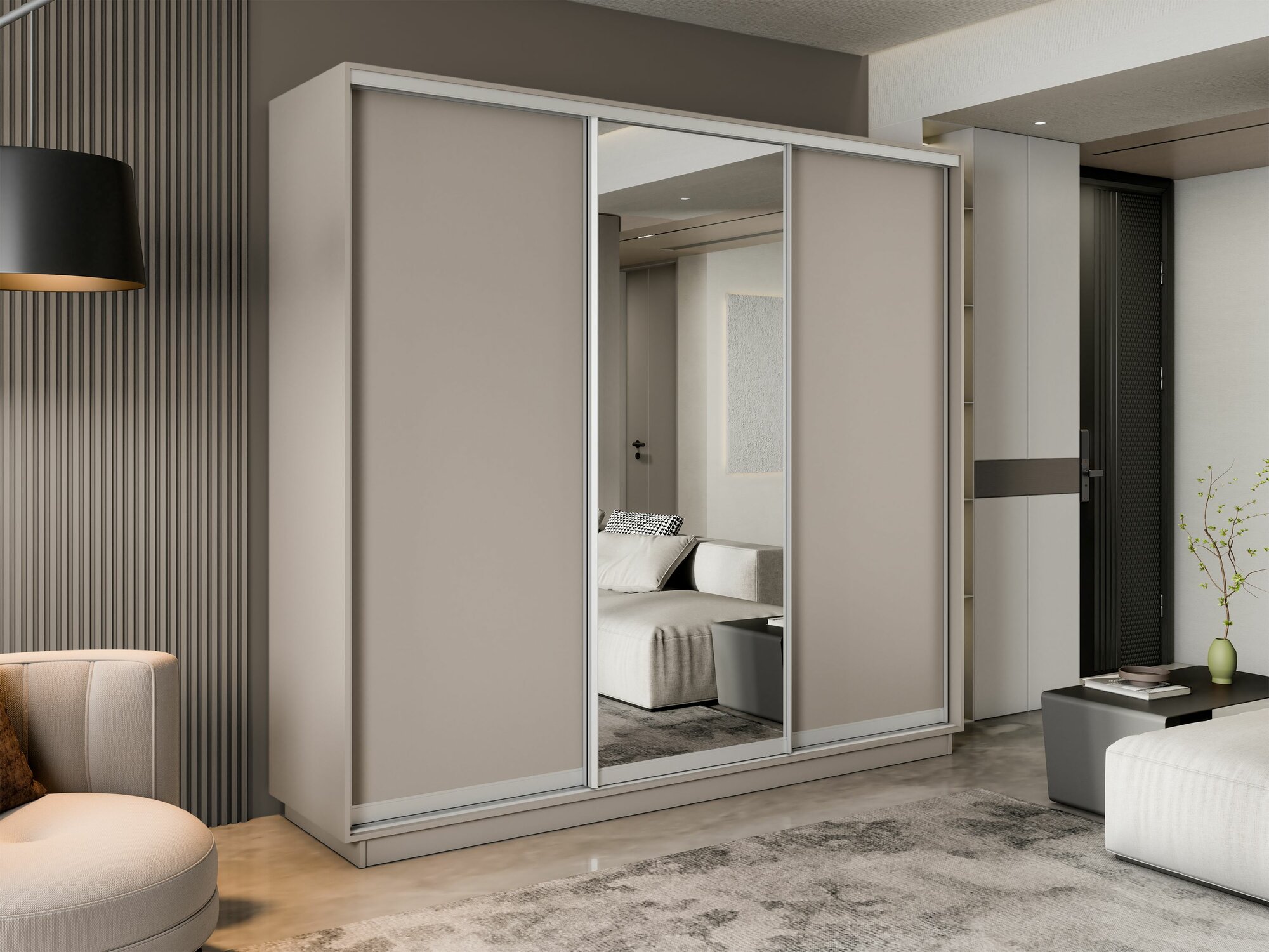 Шкаф купе Вилли 3-х дверный ЛДСП с зеркалом, профиль серебро 180 см х 220 см х 60 см (Кашемир)