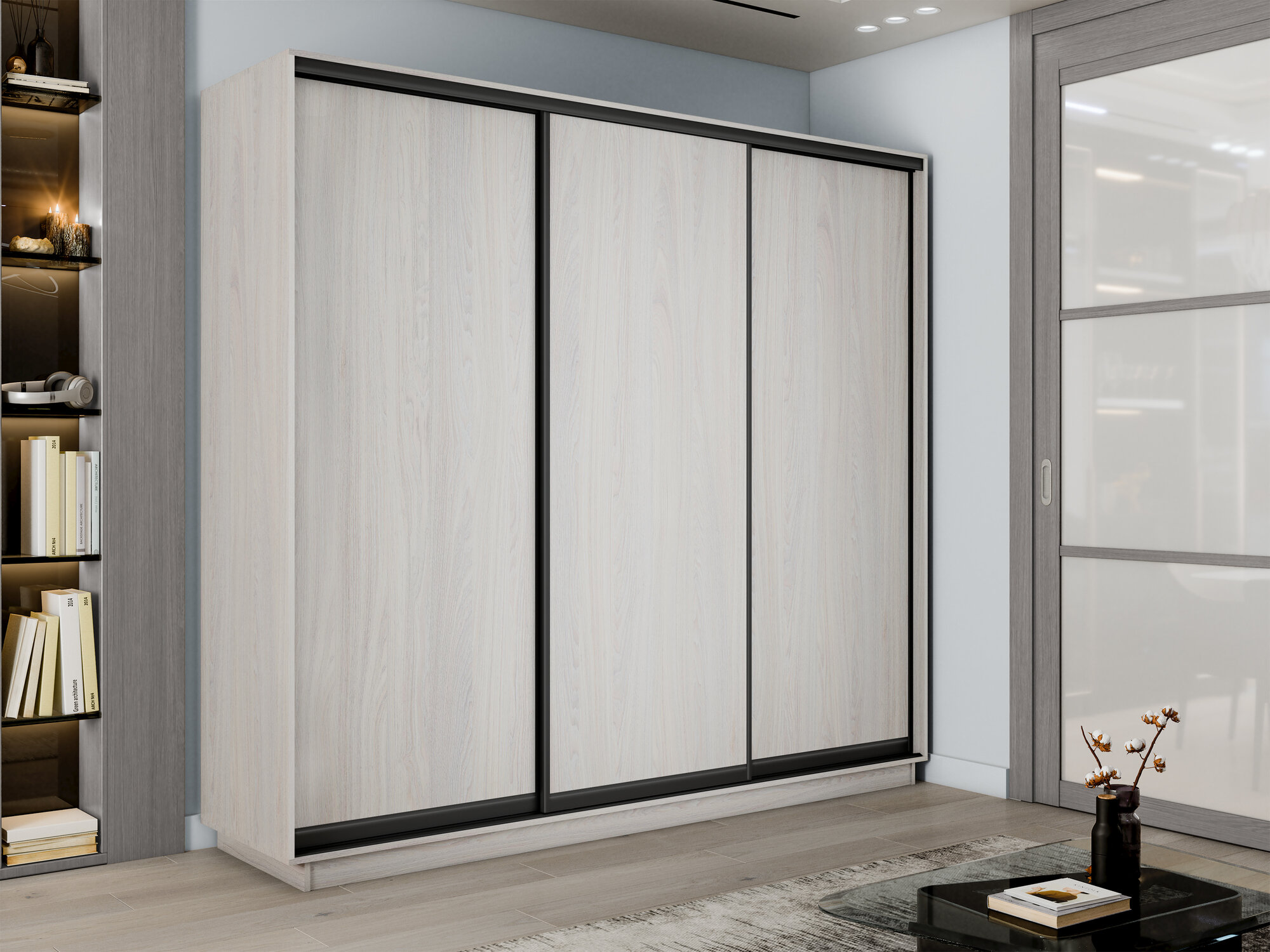 Шкаф купе Вилли 3-х дверный ЛДСП, профиль черный 240 см х 240 см х 60 см (Ясень анкор-светлый)