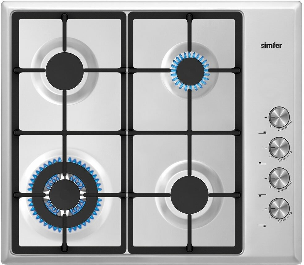 Газовая варочная панель Simfer H60Q41M416 59 см, 4 конфорки электроподжиг, серебристый