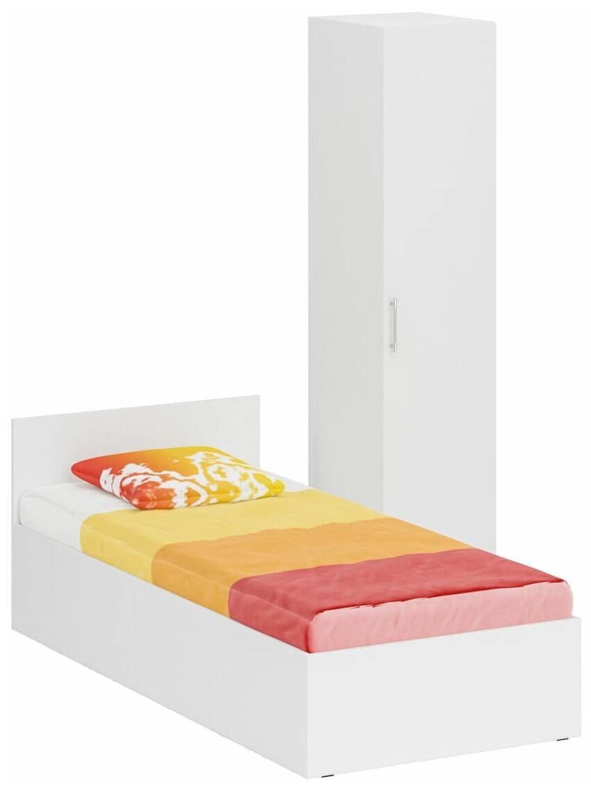 Кровать белая односпальная 900 с пеналом Стандарт, цвет белый, спальное место 900х2000 мм, без матраса, основание есть