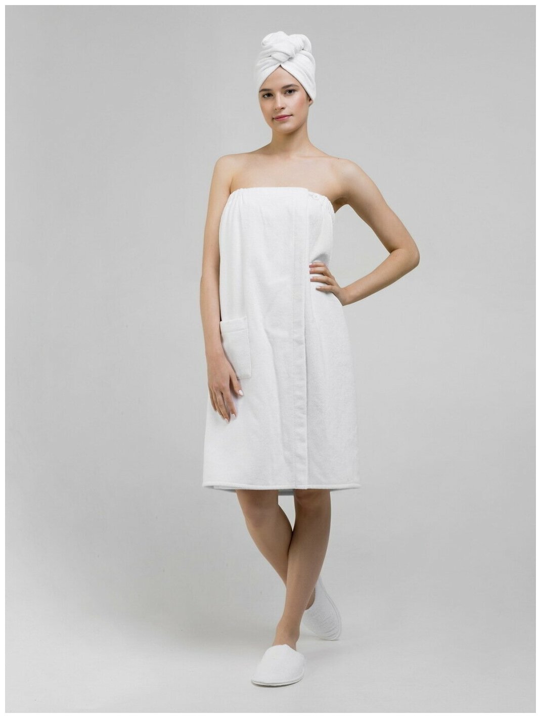 Женский махровый банный комплект (парео на пуговицах и чалма), белый