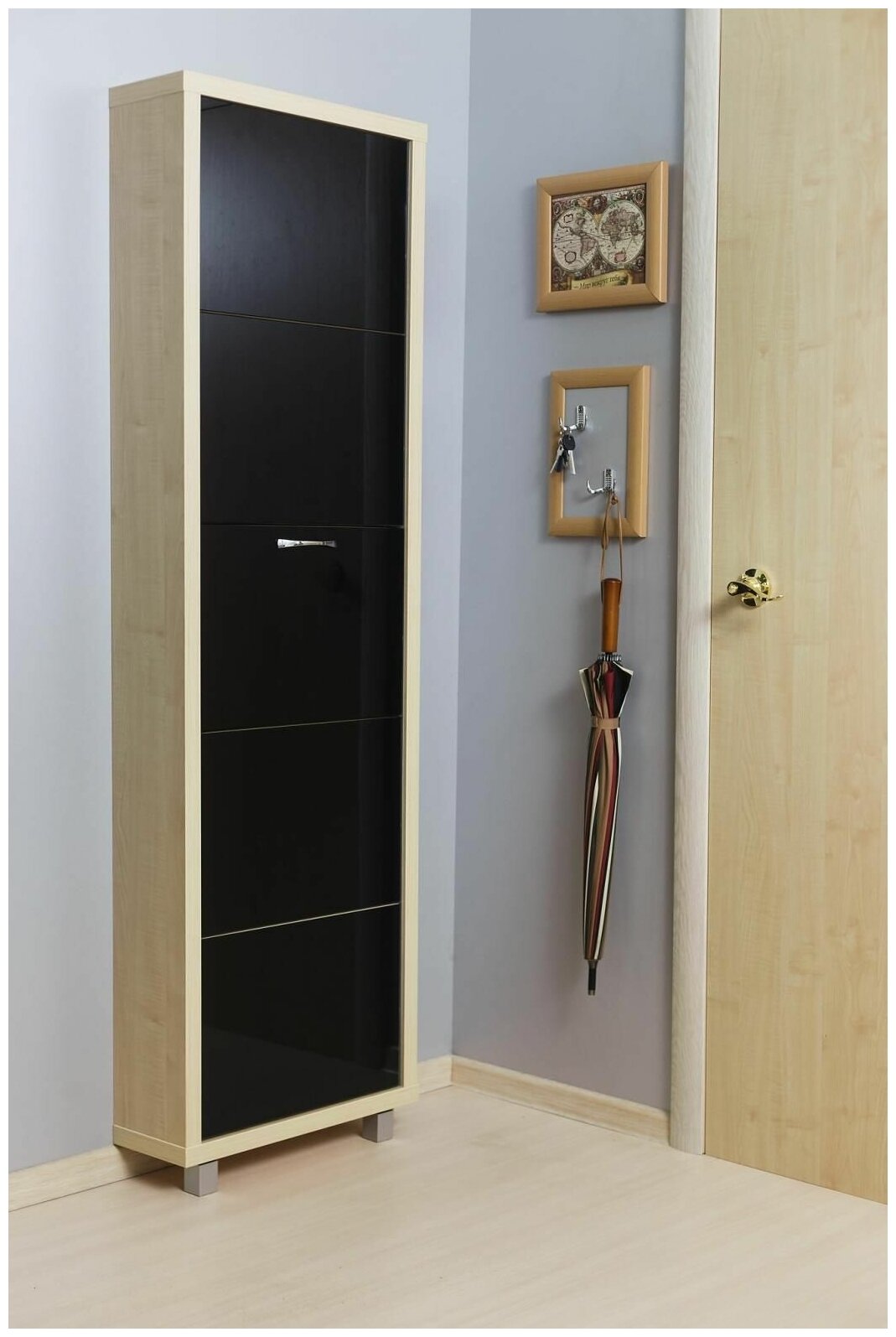 Шкаф обувной Люкс, Клён 5 секции, фасад стекло чёрное