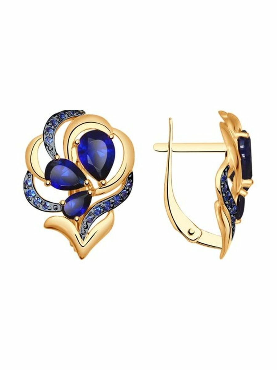 Серьги, красное золото, 375 проба, сапфир синтетический, фианит