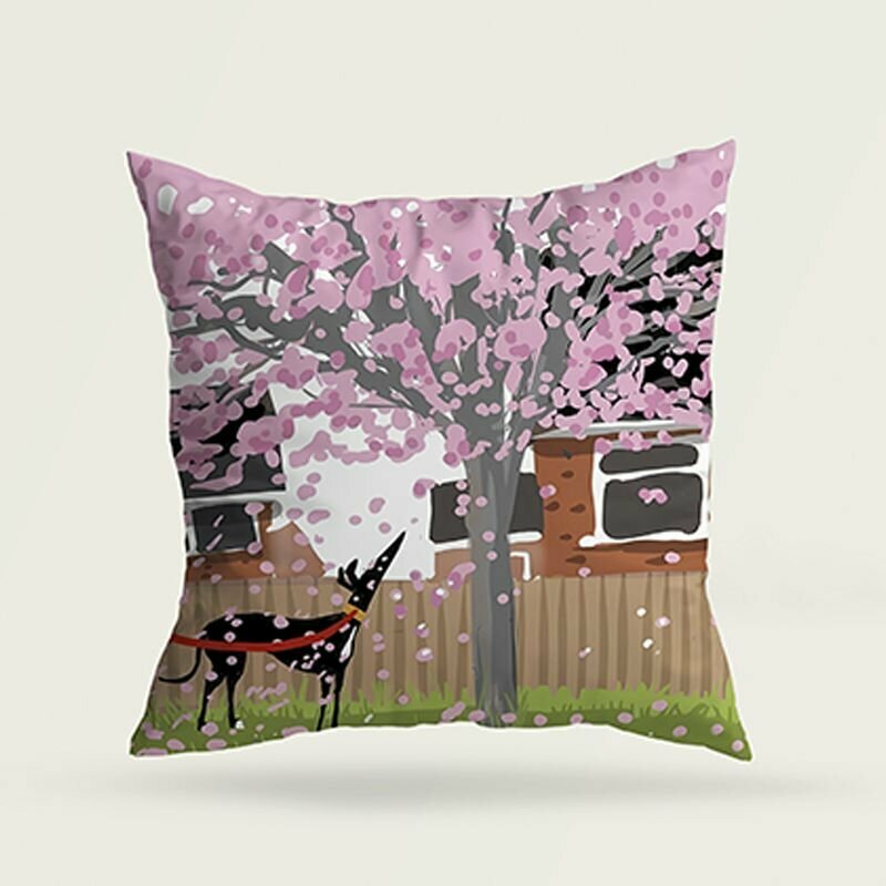 Подушка декоративная Ищейка и цветущая сакура Собака Ищейка 40х40 велюр