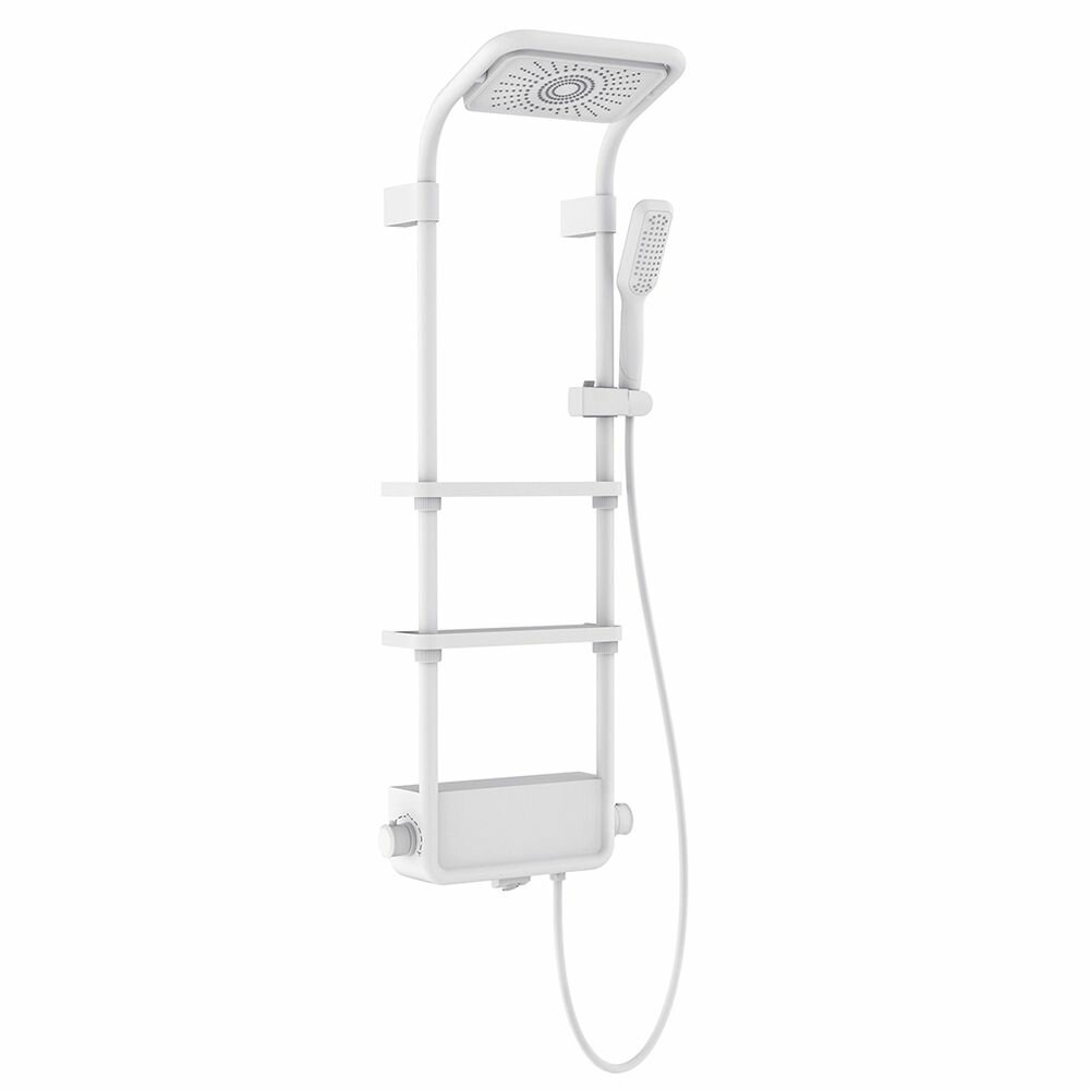 Душевая система для ванны с термостатом, излив, лейка, верхний душ, полочки, белая AQUAme AQM8003W