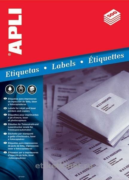 Этикетки APLI, А4, 210х148, 2шт/л, 500л, прямоугольные, белые 01787