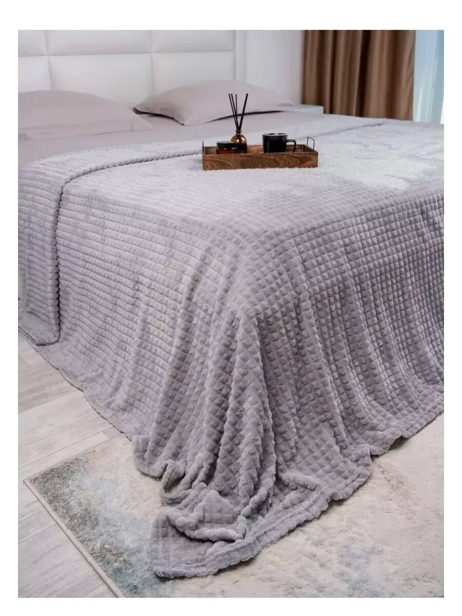 Плед-покрывало Dali, 200x220см, полиэстер 100%, серый, велсофт, рисунок в клетку