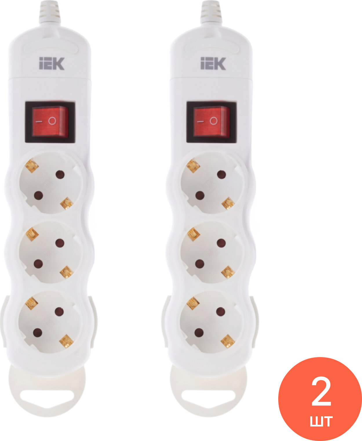Блок розеток IEK / ИЭК РПр03В переносной разборный с выключателем, 3 гнезда IP20 белый, WYP10-D-KP-16-03-ZKS-K01 / колодка электрическая для удлинителя (комплект из 2 шт)
