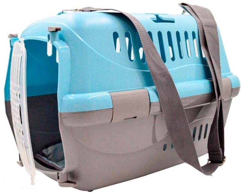 Зооэкспресс Переноска для животных "Турне" с прозрачной пластиковой дверцей (коврик+ремень), 48*32*32см, голубая 1.3 кг