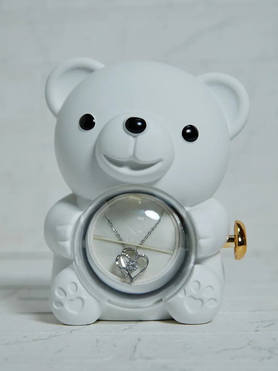 Вращающаяся шкатулка-медведь с розой в колбе