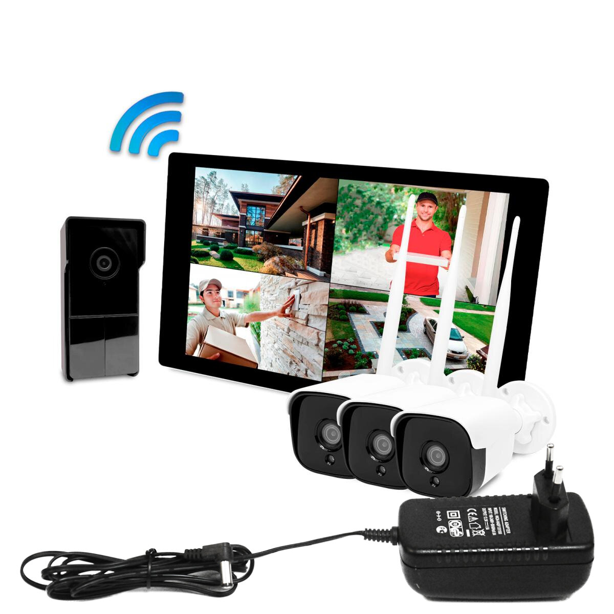 Беспроводной видеодомофон с 3 камерами - СкайНет 1000 (1+3)-LCD: Wi-Fi HD монитор 10 дюймов, 3mp вызывная панель для домофона, 3mp видеокамеры