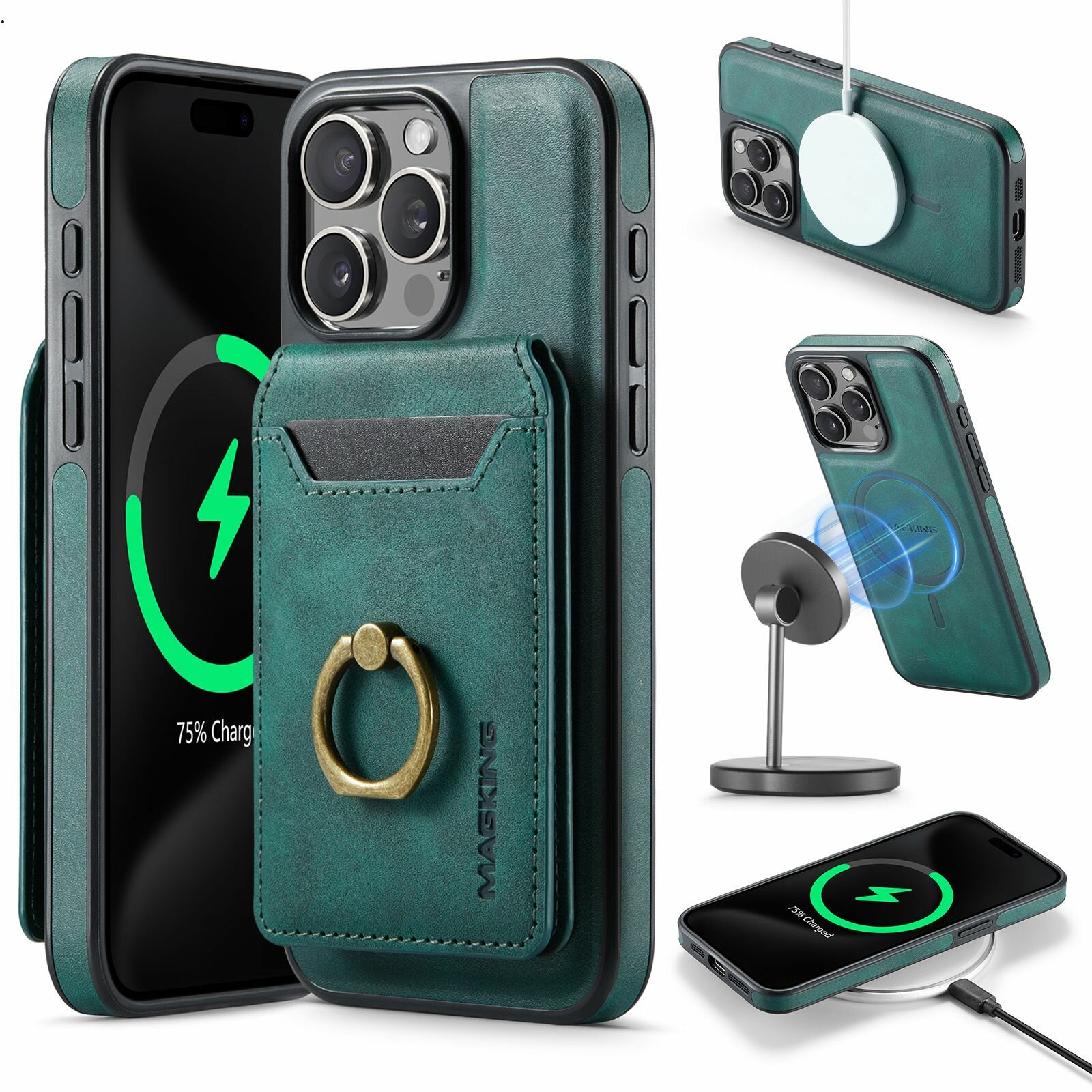 DG.Ming кожаный защитный чехол для Apple iPhone 15 Pro Max (Айфон 15 про макс) Magsafe чехол-кошелек чехол для телефона сильный магнит с блокировкой RFID