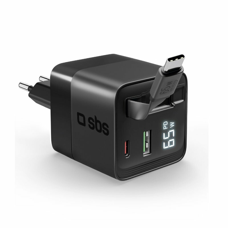 Sbs-mobile SBS Mobile Быстрое зарядное устройство GaN 65 Вт, дисплей LCD, с 2 портами USB-C, USB-A и встроенным кабелем Type-C, черное