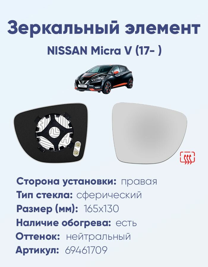 Зеркальный элемент правый NISSAN Micra V (17- ) сфера нейтральный с обогревом