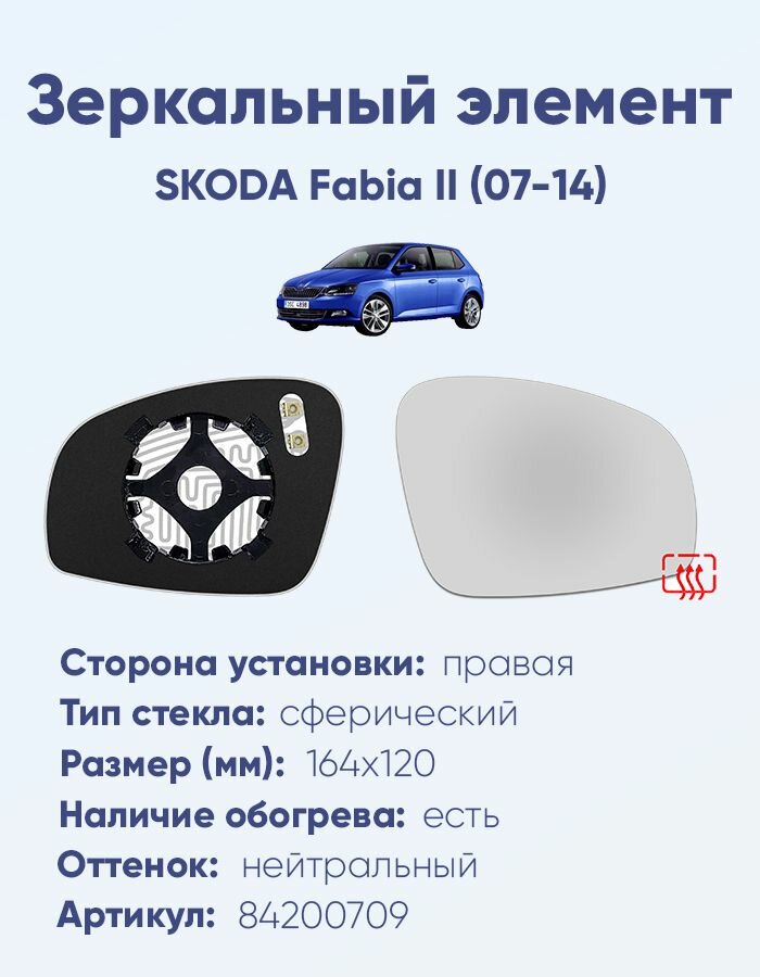 Зеркальный элемент правый SKODA Fabia II (07-14) сфера нейтральный с обогревом