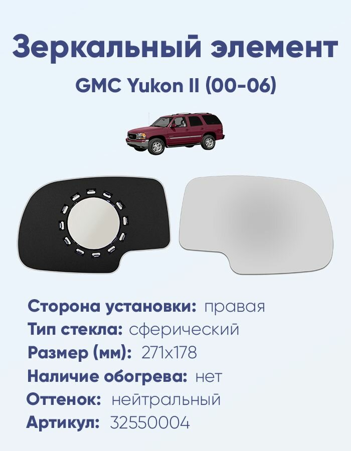 Зеркальный элемент правый GMC Yukon II (00-06) сфера нейтральный без обогрева