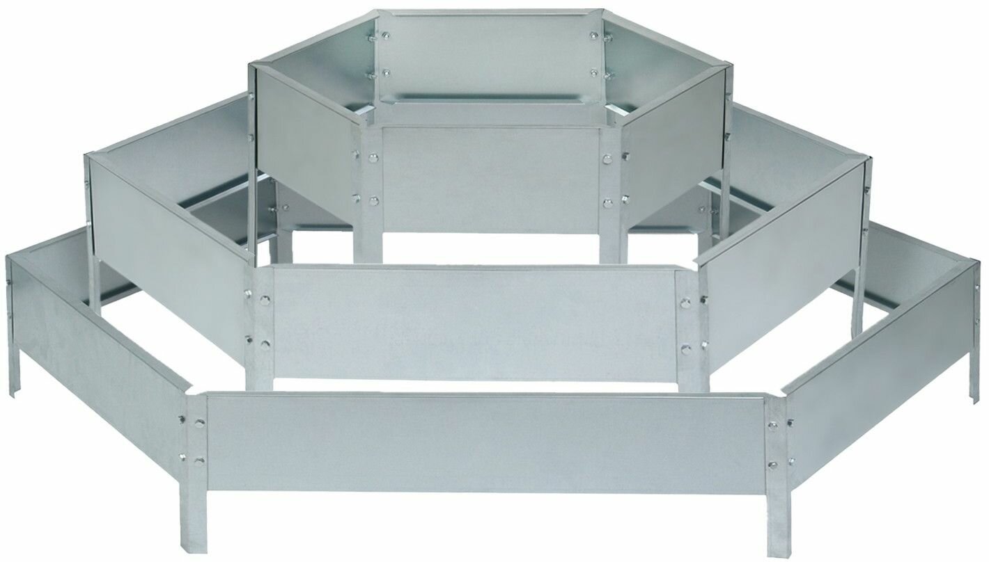 Клумба садовая оцинкованная, трехярусная шестиугольная для дачи, сада и огорода, декоративное ограждение сборное для цветов, диаметр 60 100 140 см, высота 45 см, цвет серый