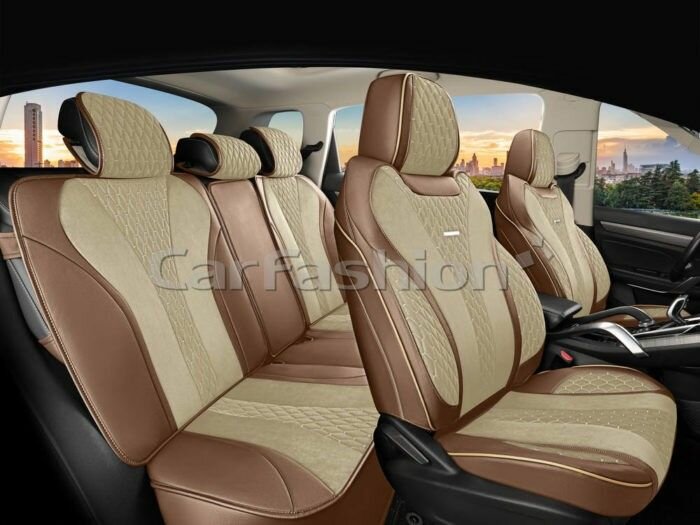 Комплект чехлов на весь салон 5D BEIJING PLUS, каркасные, материал велюр + ЭкоКожа, цвет бежевый/коричневый CarFashion