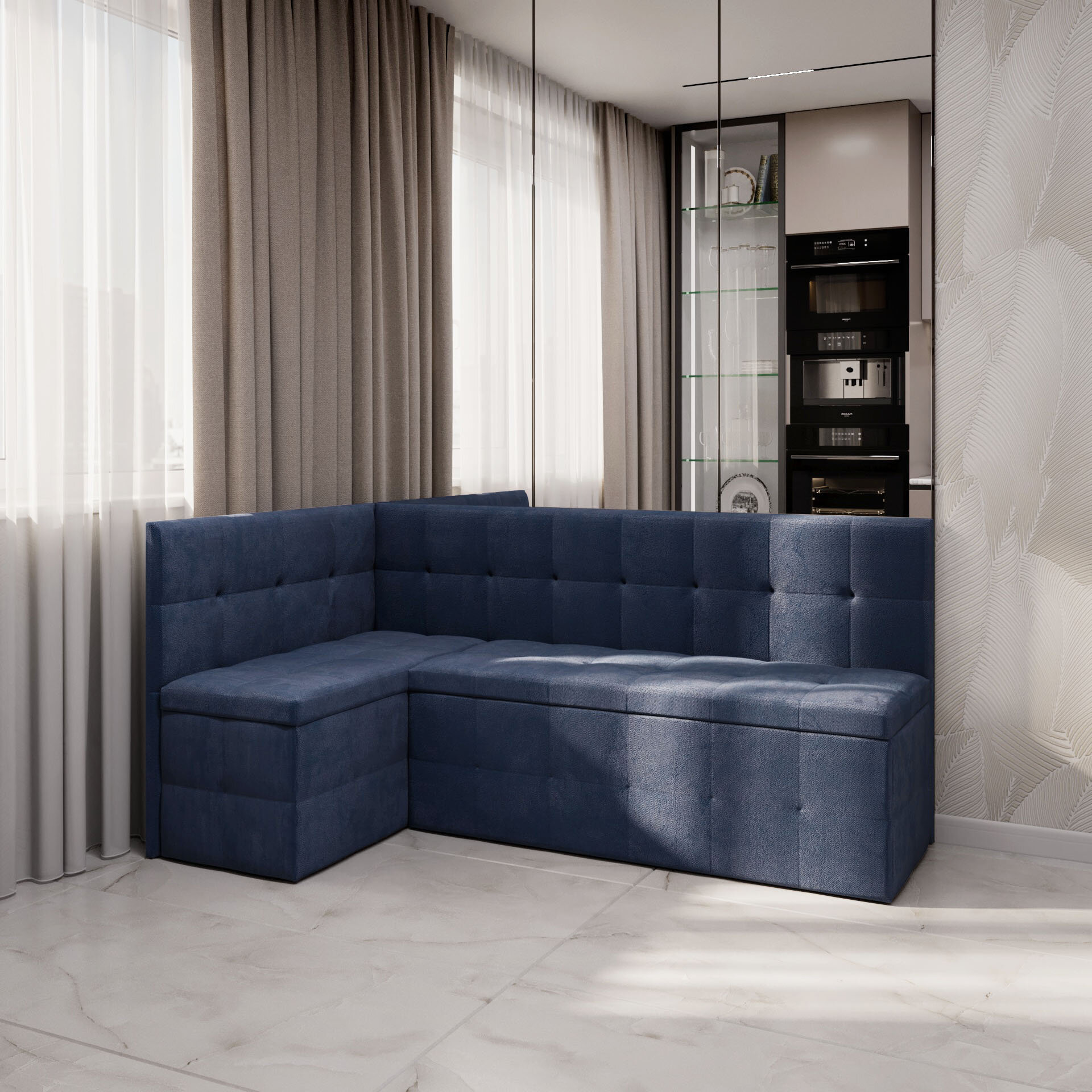 Диван кухонный угловой "Домино" D@E Factory со спальным местом, велюр Дакота деним, угол универсальный