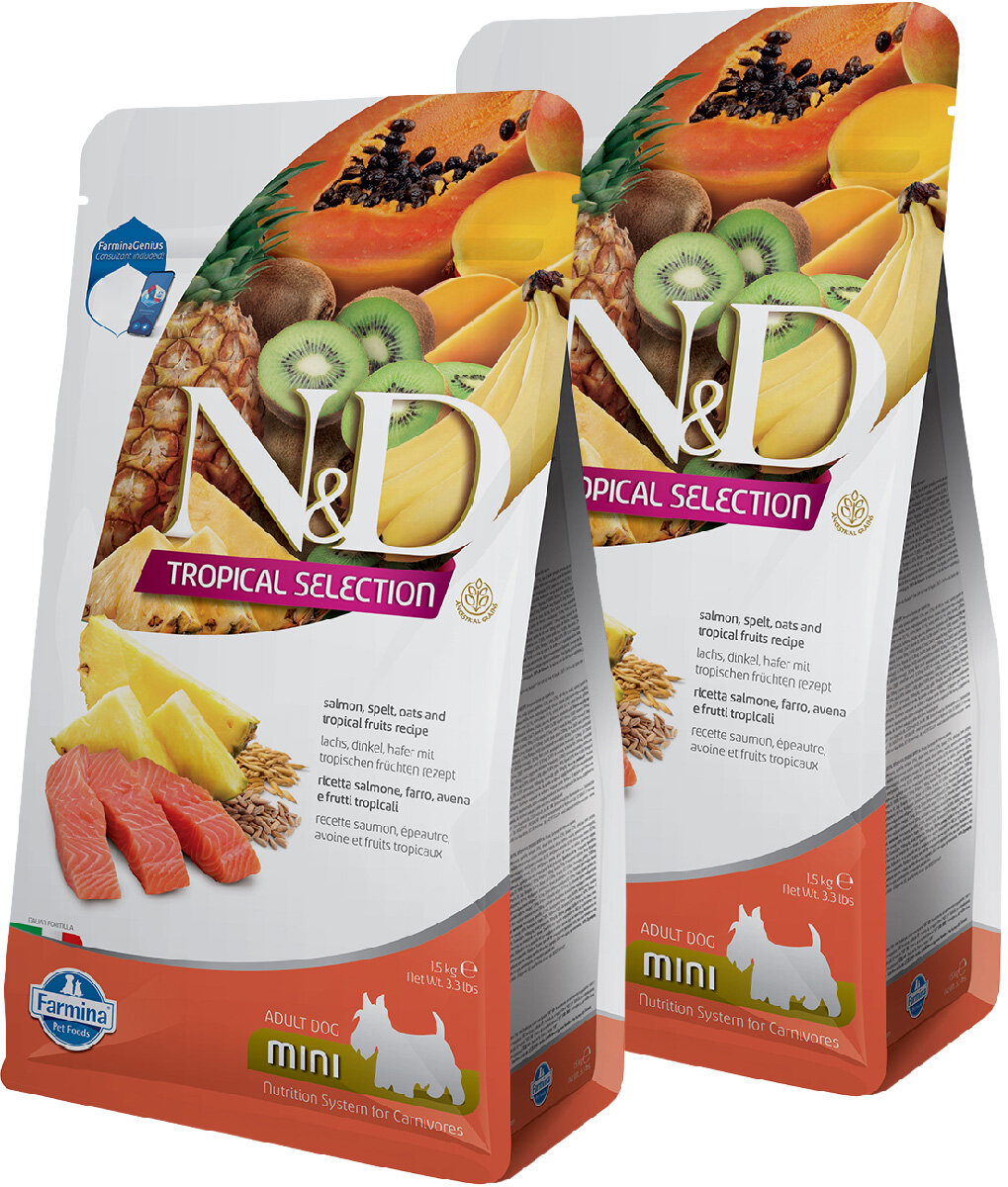 Корм сухой Farmina Dog N&D Tropical Selection Adult Mini Salmon низкозерновой для взрослых собак маленьких пород, лосось, спельта, овес и тропические фрукты, 1,5 + 1,5 кг