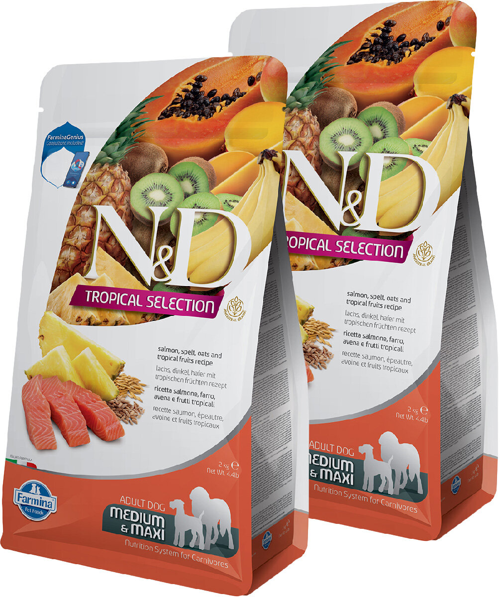 Корм сухой Farmina Dog N&D Tropical Selection Adult Medium & Maxi Salmon низкозерновой для взрослых собак средних и крупных пород, лосось, спельта, овес и тропические фрукты, 2 + 2 кг