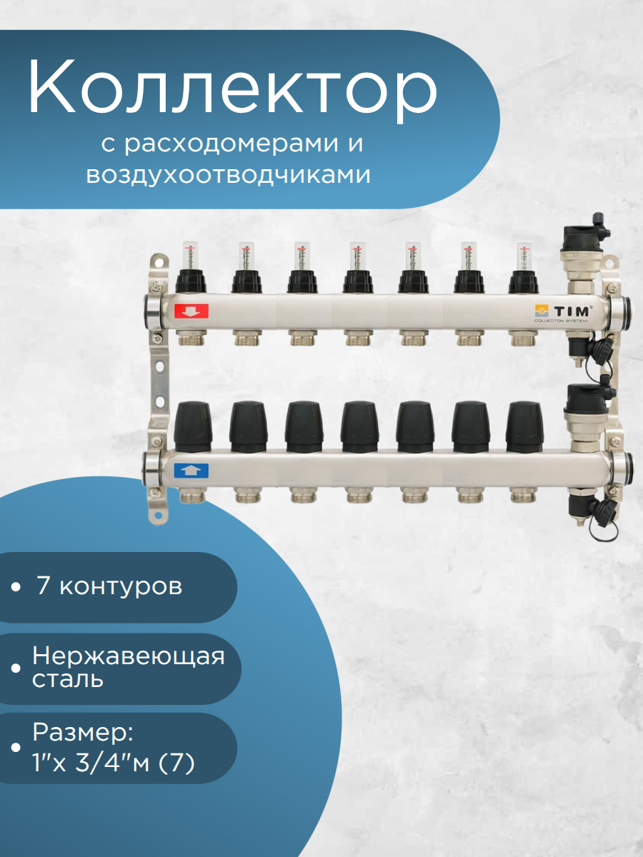 Коллекторный блок Tim KCS, нержавеющая сталь, для тёплого пола, с расходомерами, 1", 7 выходов