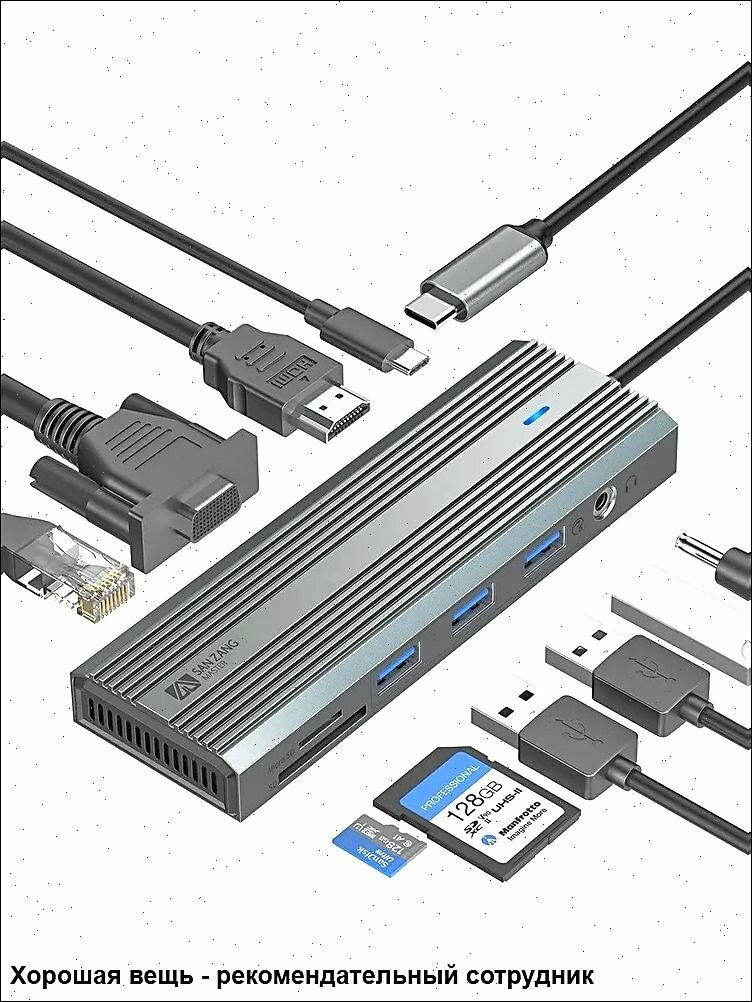 10-в-1 Док-станция SANZANG USB-C Hub с питанием 100W, 4K HDMI, VGA, USB 3.0, Gigabit Ethernet, разъемом PD и для карт памяти