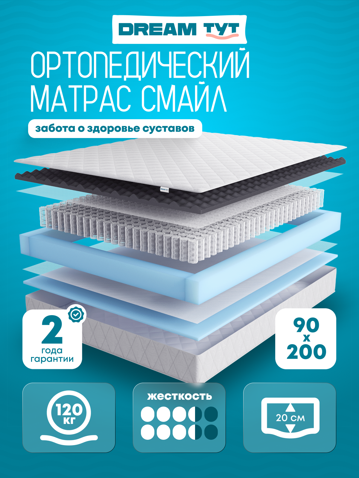 Матрас DREAM TYT "Смайл", независимые пружины, ортопедический, 90 х 200 см