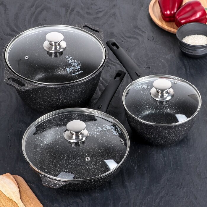 Набор посуды KUKMARA «Мраморная №3», 6 предметов, съёмная ручка, антипригарное покрытие, литой алюминий, литой алюминий
