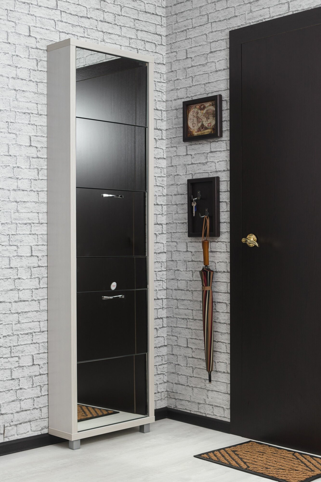 Обувница Ironnori Люкс Плюс, фасад зеркало, 5 секций плюс ящик для мелочей, цвет Выбеленное дерево.