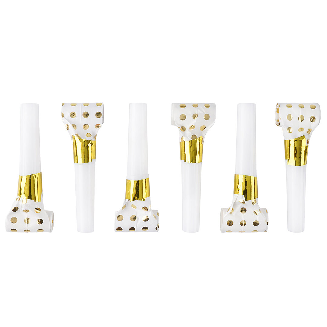 Карнавальные язычки гудки, Горошек, Белый/Золото, металлик,