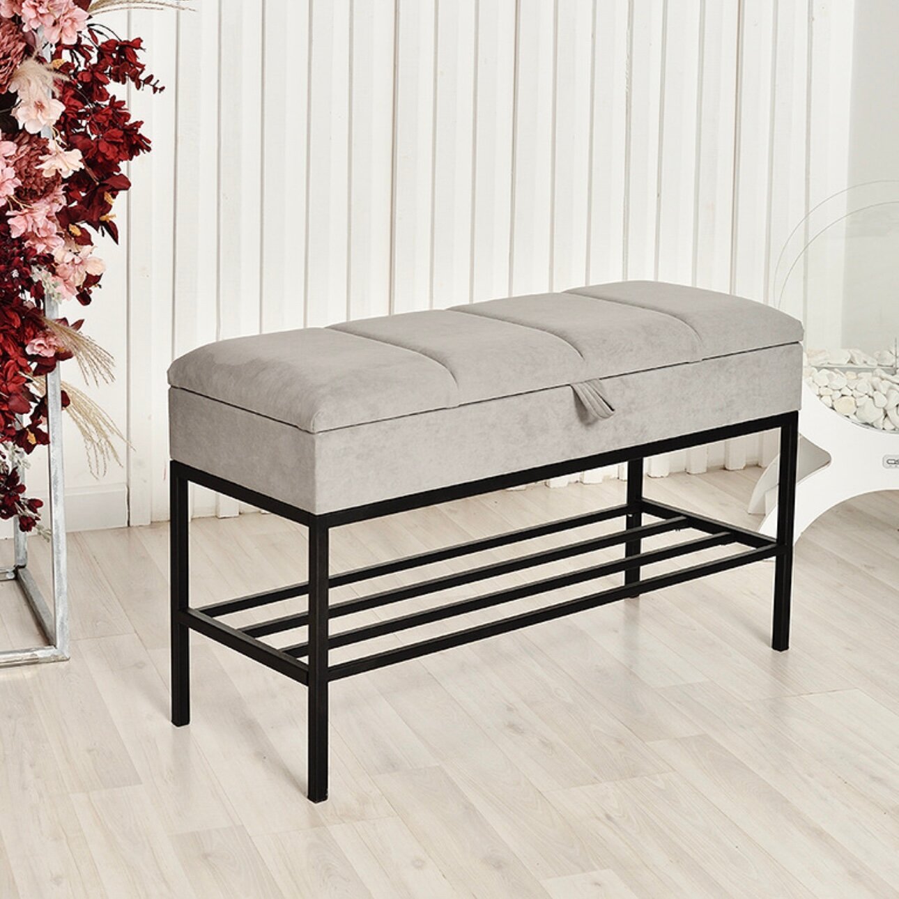 Банкетка в прихожую с мягким сиденьем, ящиком и полками для обуви 90х35х51см