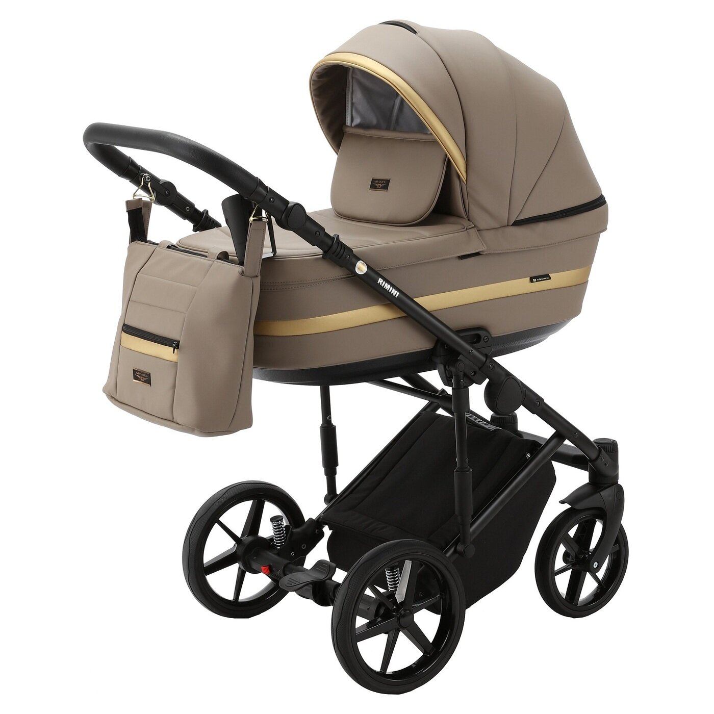 Коляска универсальная Adamex RIMINI Deluxe 2 в 1, RI-214 - бежевая кожа, золотая вставка, черная рама