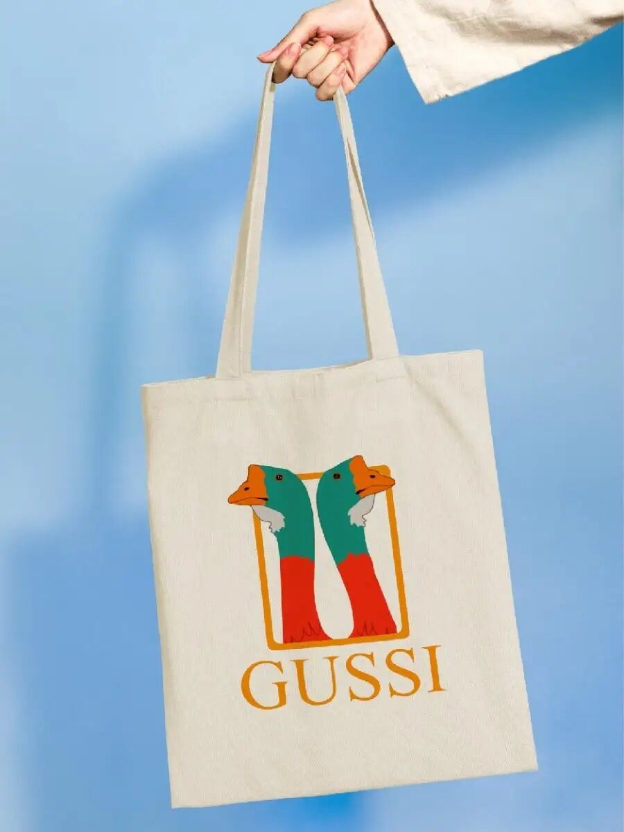 Сумка шоппер  на плечо холщевая с принтом антибренд Гуси