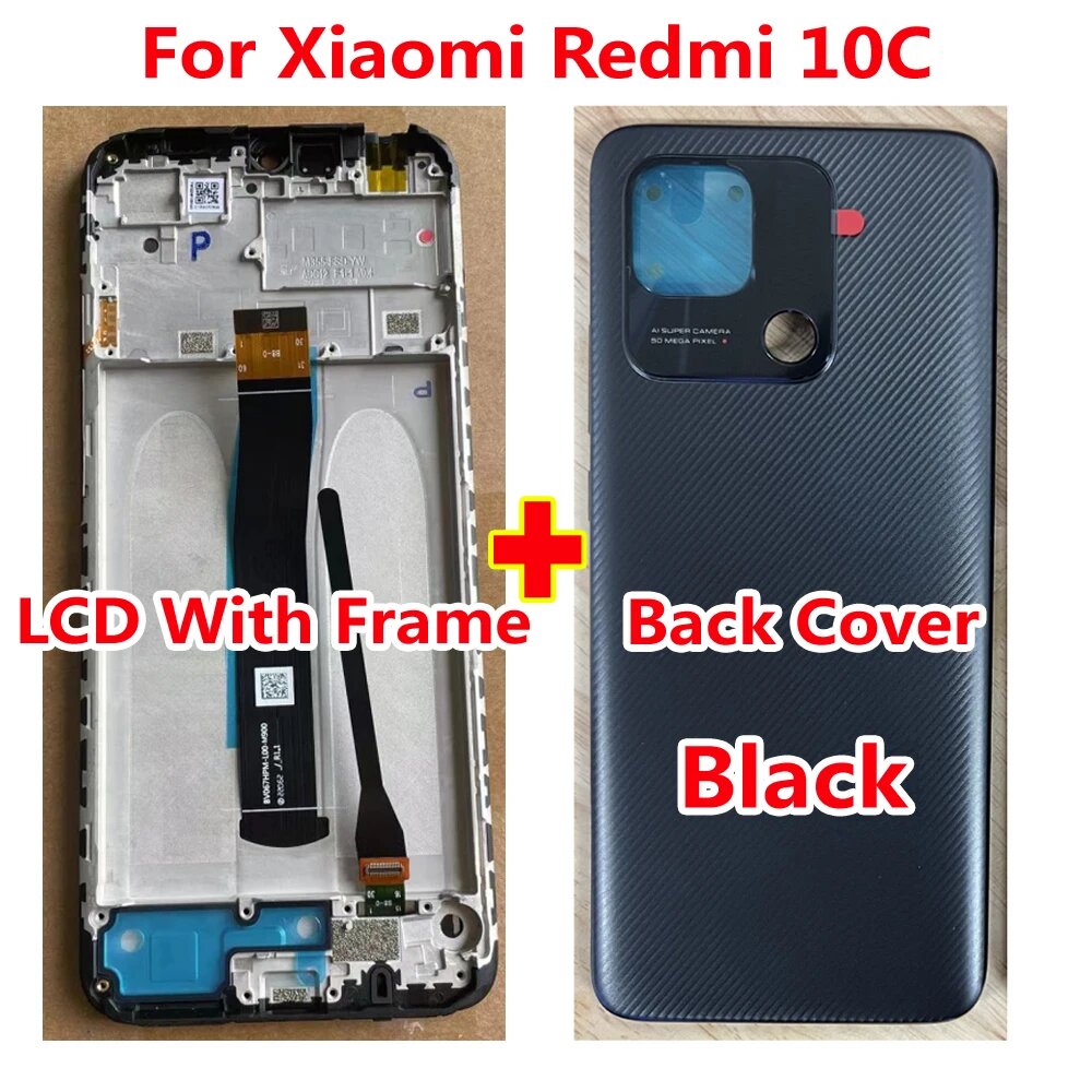 ЖК-дисплей для Xiaomi Redmi 10C с сенсорным экраном, дигитайзер в сборе, датчик + крышка для аккумулятора, корпус, крышка для мобильного телефона, лучшее качество LCD and Cover Black