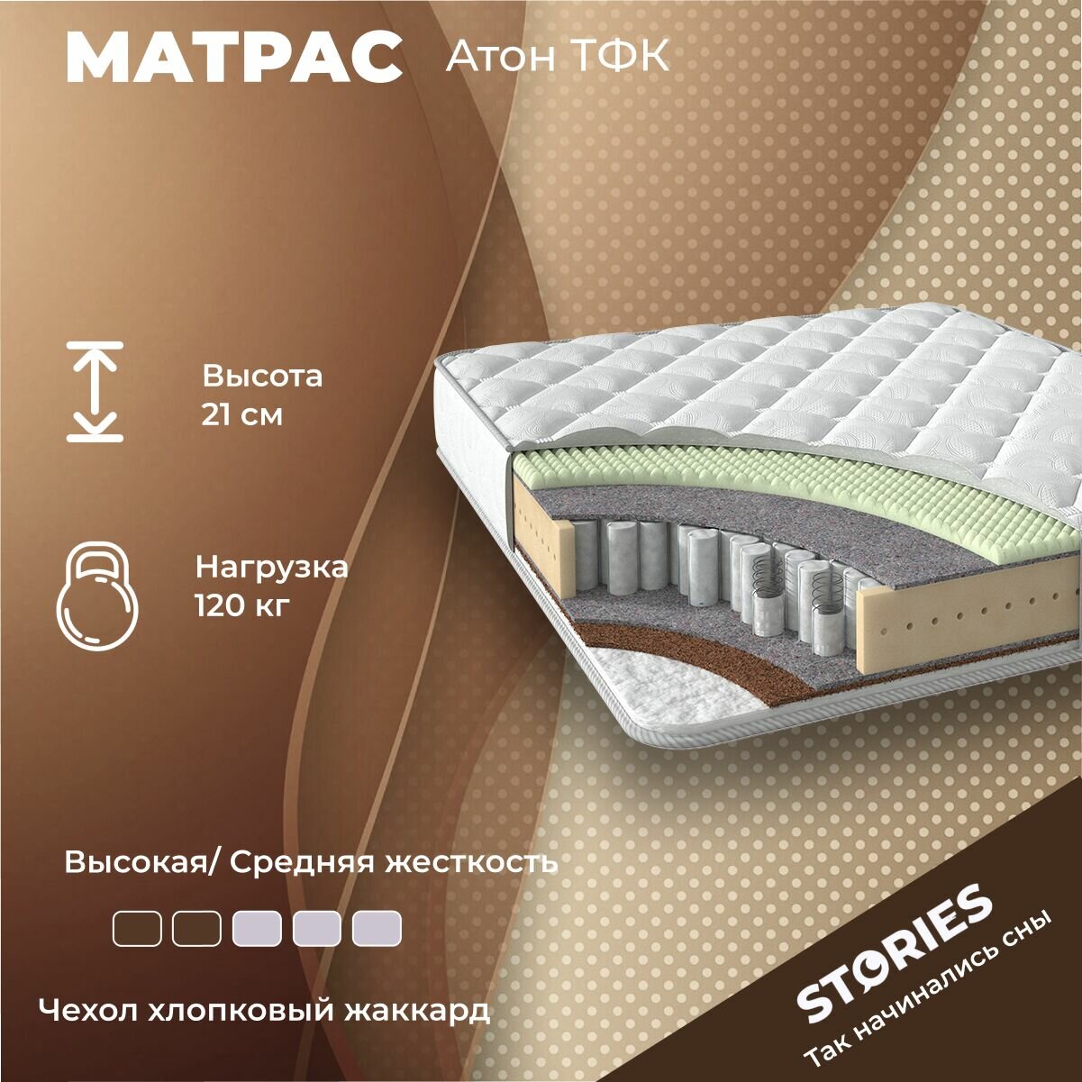 Матрас Stories Атон ТФК 150х200 серии Эконом высота 21 см анатомический жесткий средней жесткости кокосовый Независимые