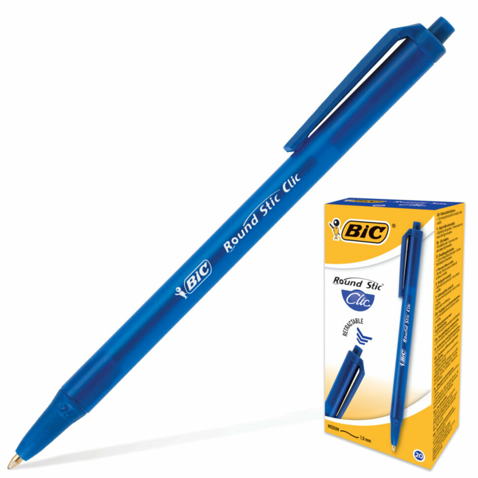 Ручка шариковая автоматическая BIC "Round Stic Clic", синяя, узел 1 мм, линия письма 0,32 мм, 926376, 141772