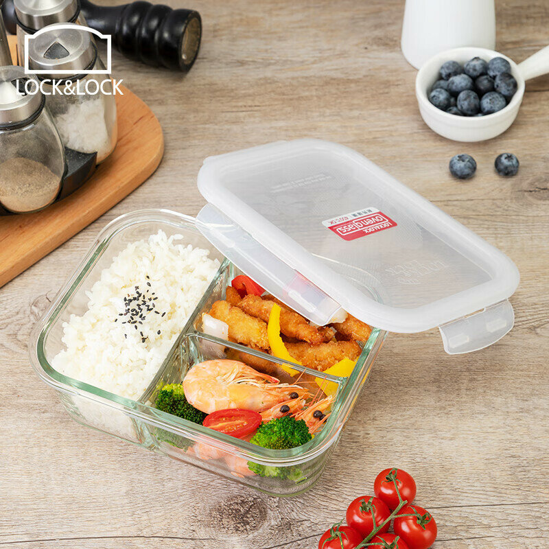 Lock & Lock Heat-Resistant Glass Food Storage Container, Large Capacity Compartmented Lunch Box, Microwave-Safe Bento Box, Sealed Bowl, 1L Three-Section