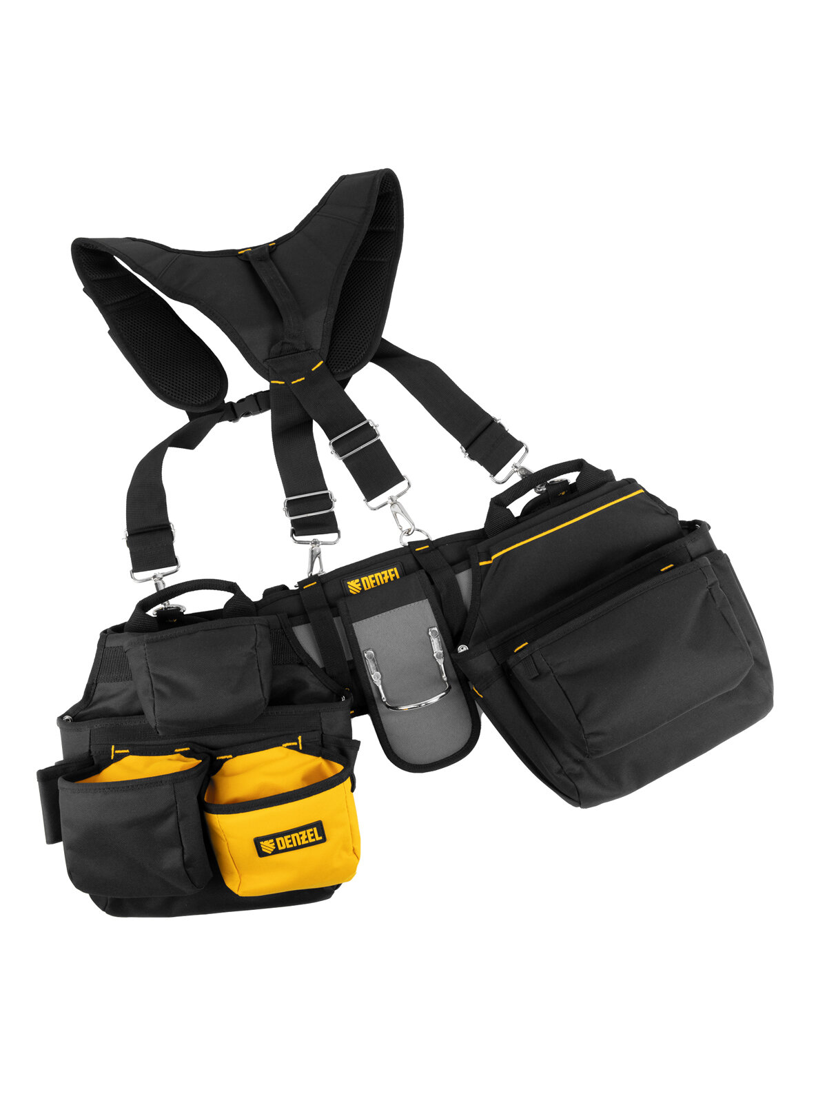 Пояс монтажника усиленный Denzel с лямками, сумки поясные, держатель для молотка 90290
