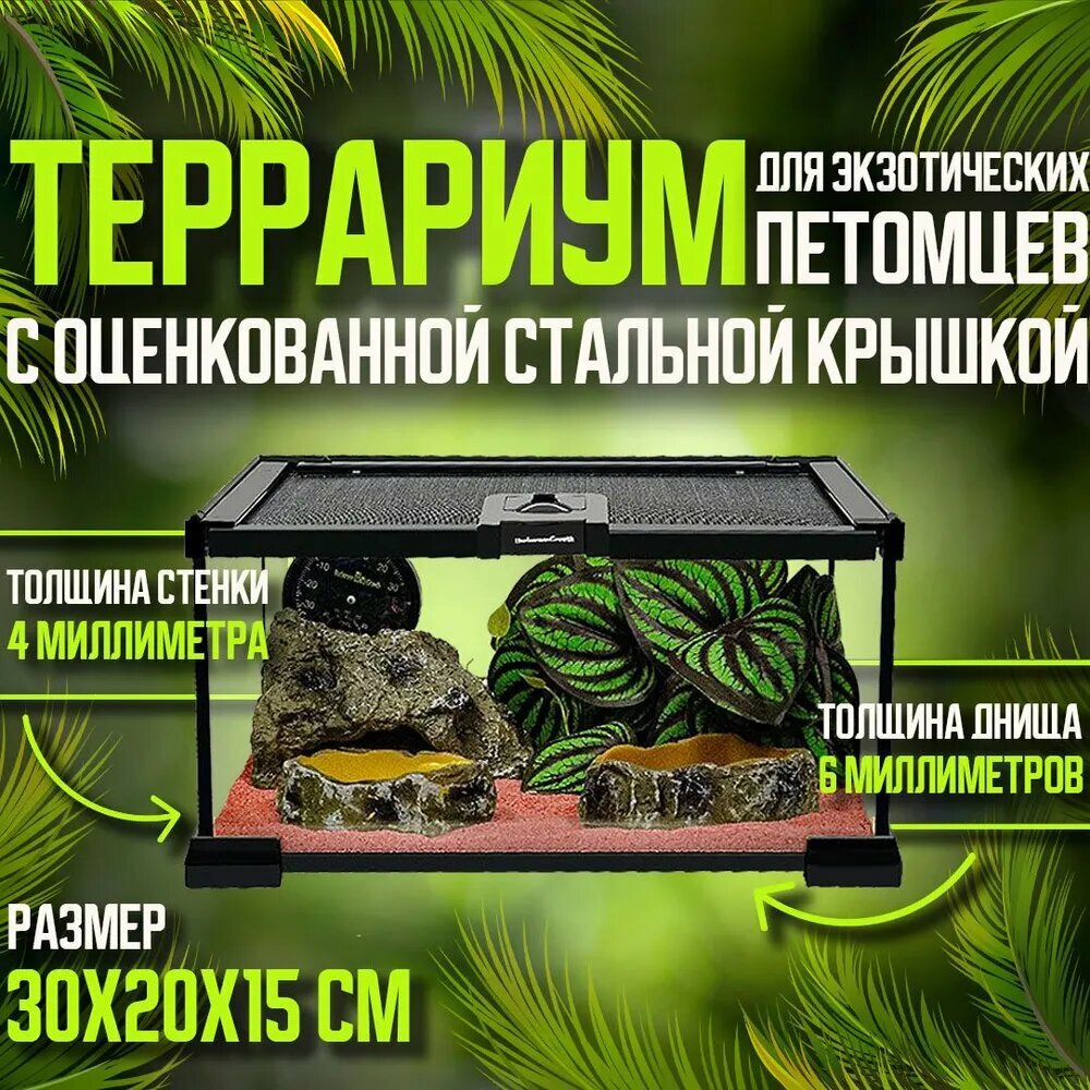Террариум стеклянный с крышкой,30X20X15CM