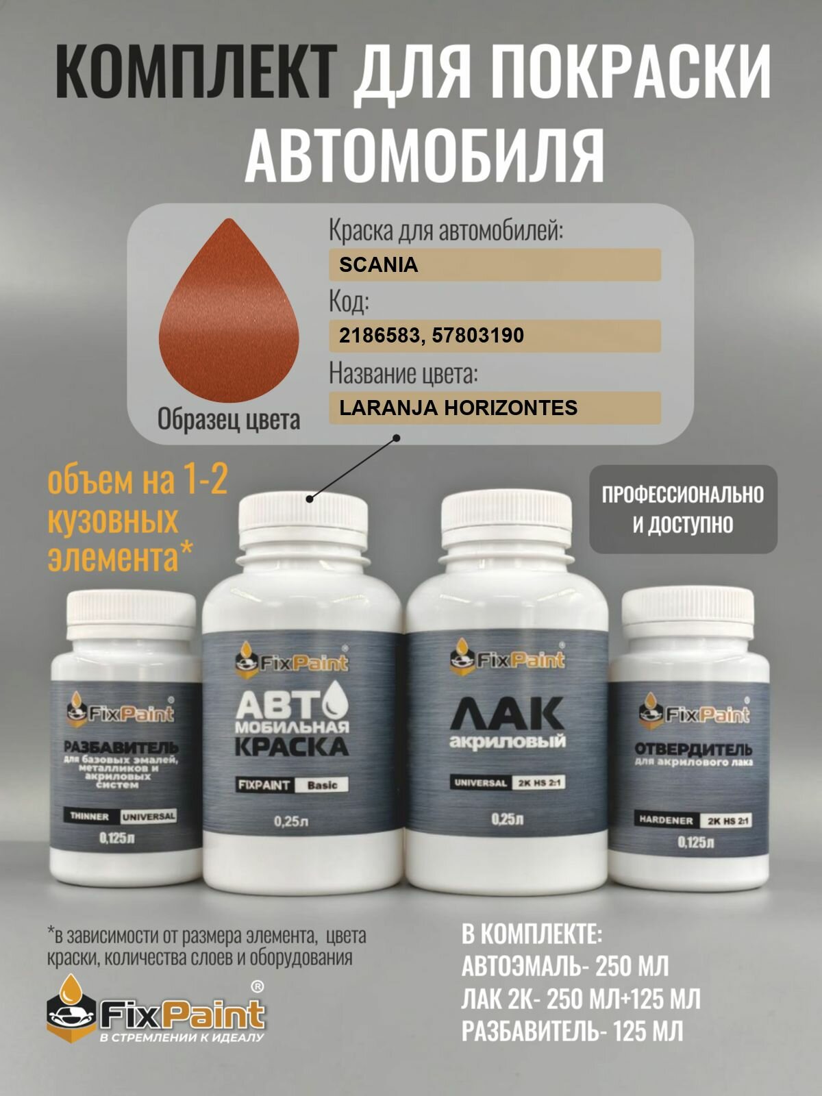Комплект для покраски SCANIA, код 2186583, 57803190, LARANJA HORIZONTES, базовая автомобильная краска 250 мл, лак 2K 250 мл с отвердителем, разбавитель 125 мл, FixPaint Pro