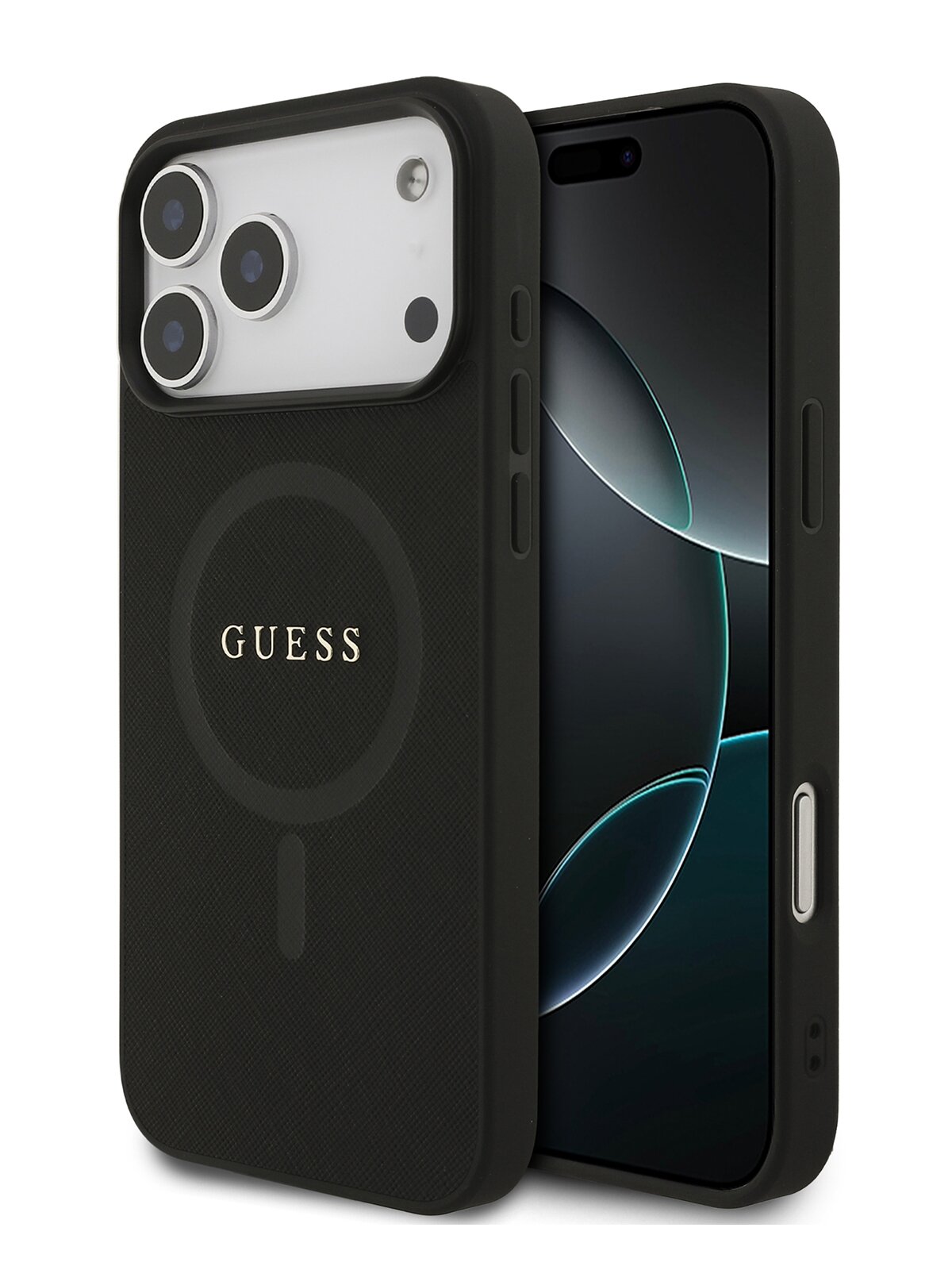 Guess чехол с MagSafe для iPhone 17 Pro Max, PU кожа Saffiano, металлический логотип, черный