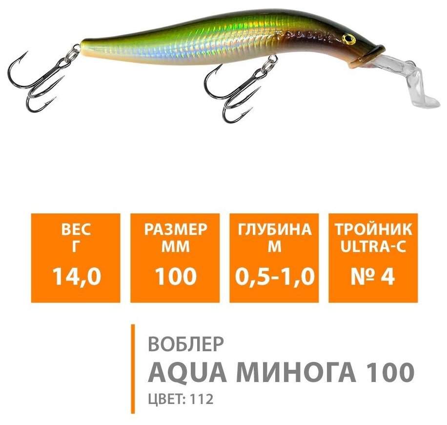 Воблер для рыбалки плавающий AQUA Минога 100mm 14g заглубление от 0.5 до 1m цвет 112
