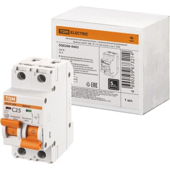 Автоматический выключатель Tdm Electric с мех. блок. (байпас) ВА47-29Б 1Р+1Р 25А 4,5кА х-ка C, SQ0206-0402