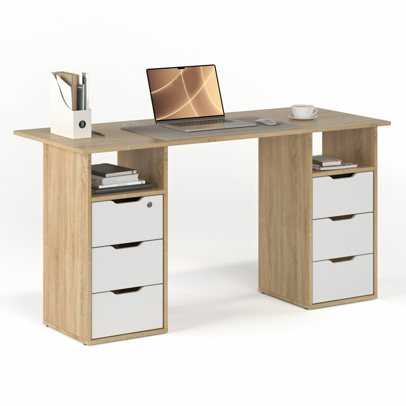 Двухтумбовый письменный стол с шестью ящиками 146х60 см МагМебель №73 дуб сонома + белый
