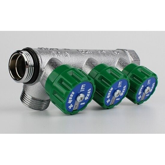 Коллекторная группа Elsen 1", 3 контура, размер отвода-3/4" ЕК, вентили под 90°, TIN латунь